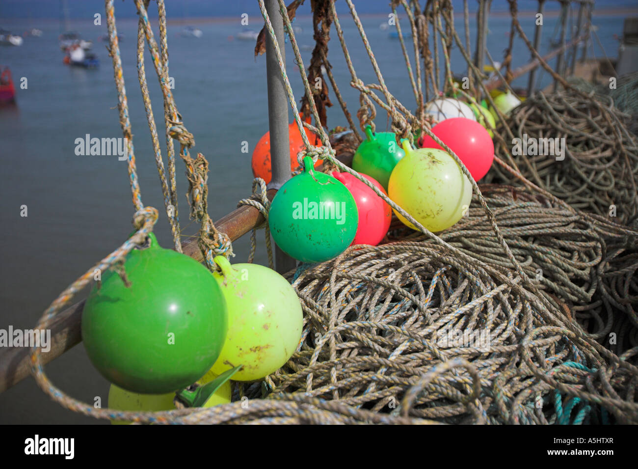 Colour marker buoys and coils of tethering rope used to mark and tether ...