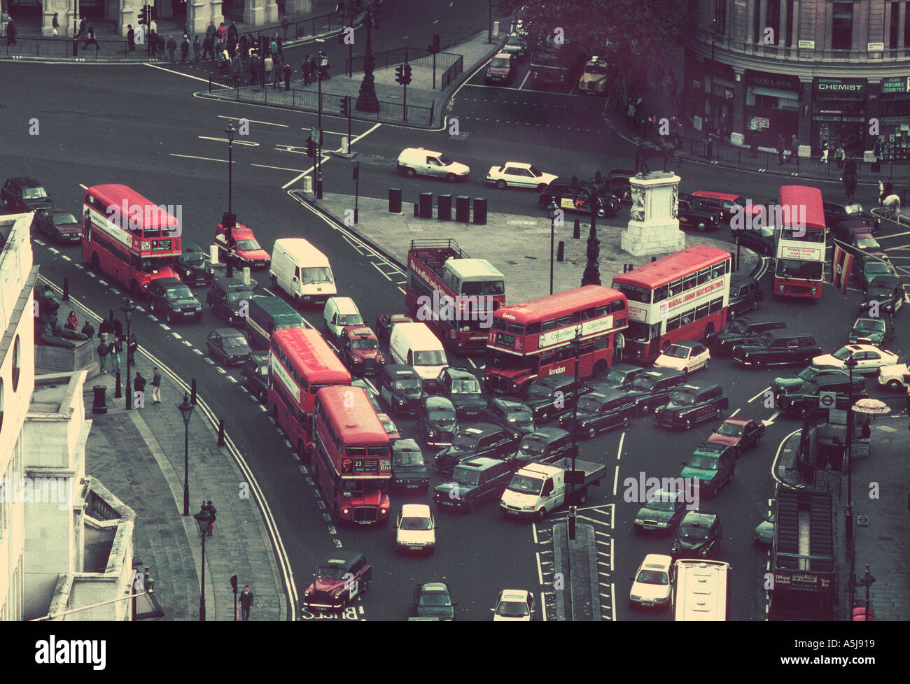 graphic aerial view of a queue of traffic and buses around Trafalgar ...