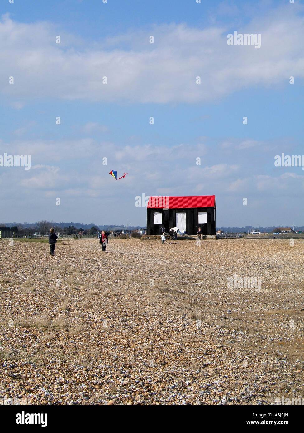 The red roofed hut at Rye Harbour, East Sussex, England, UK Stock Photo ...