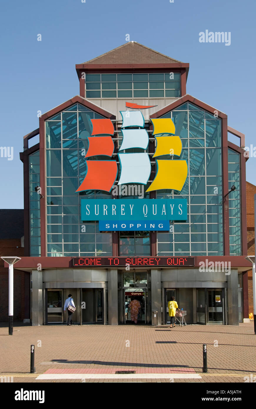 Facade of a main shoppers entrance at Surrey Quays indoor shopping ...
