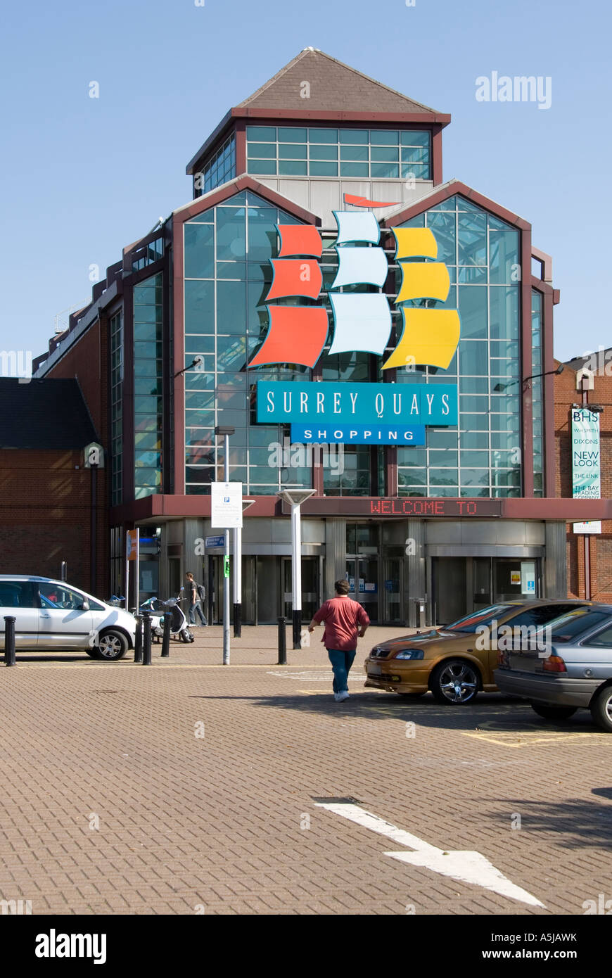 Facade of a main shoppers entrance at Surrey Quays indoor shopping ...