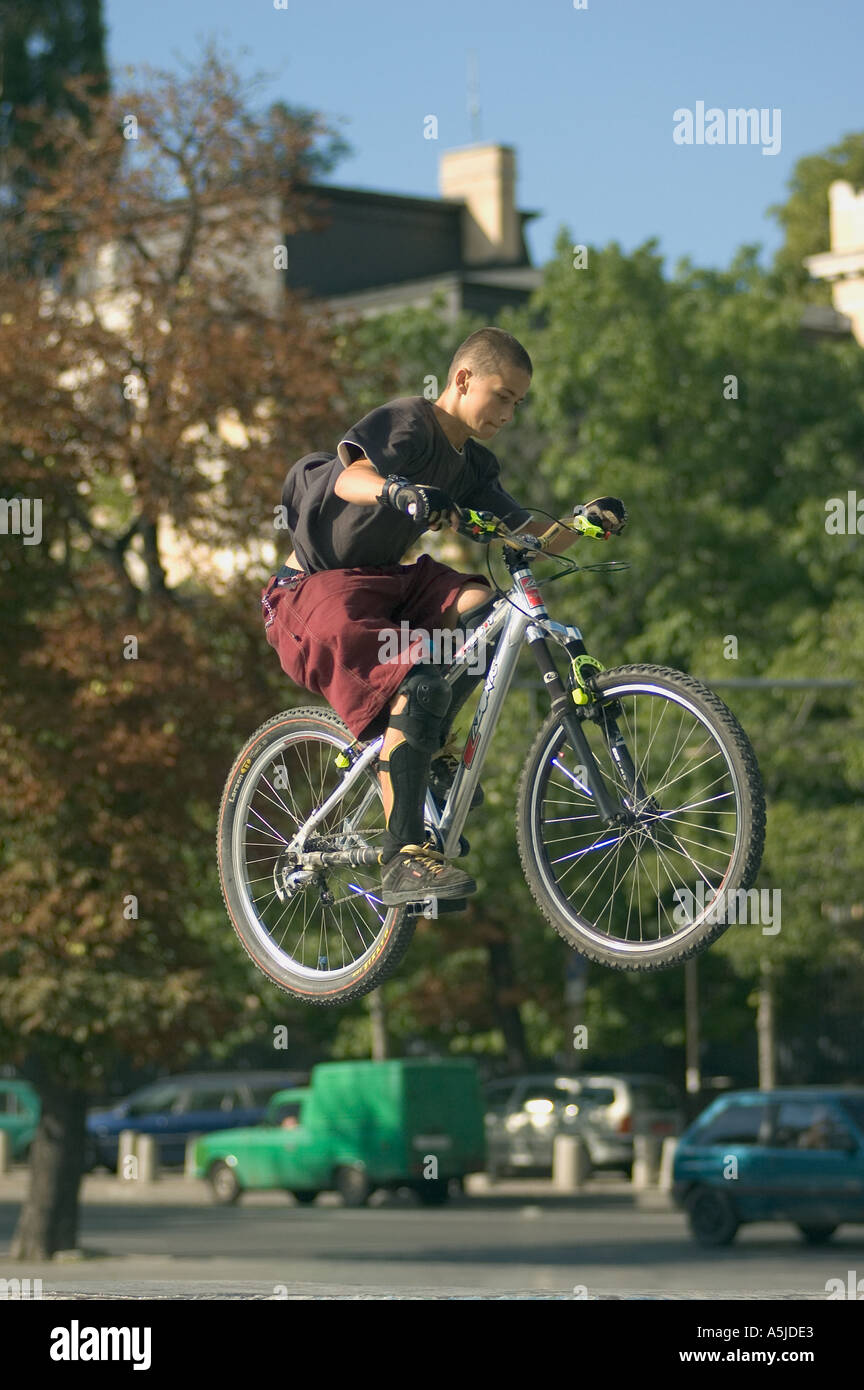 Mountain bike riders demonstrate their skills at an open air competition in Sofia Bulgaria ...