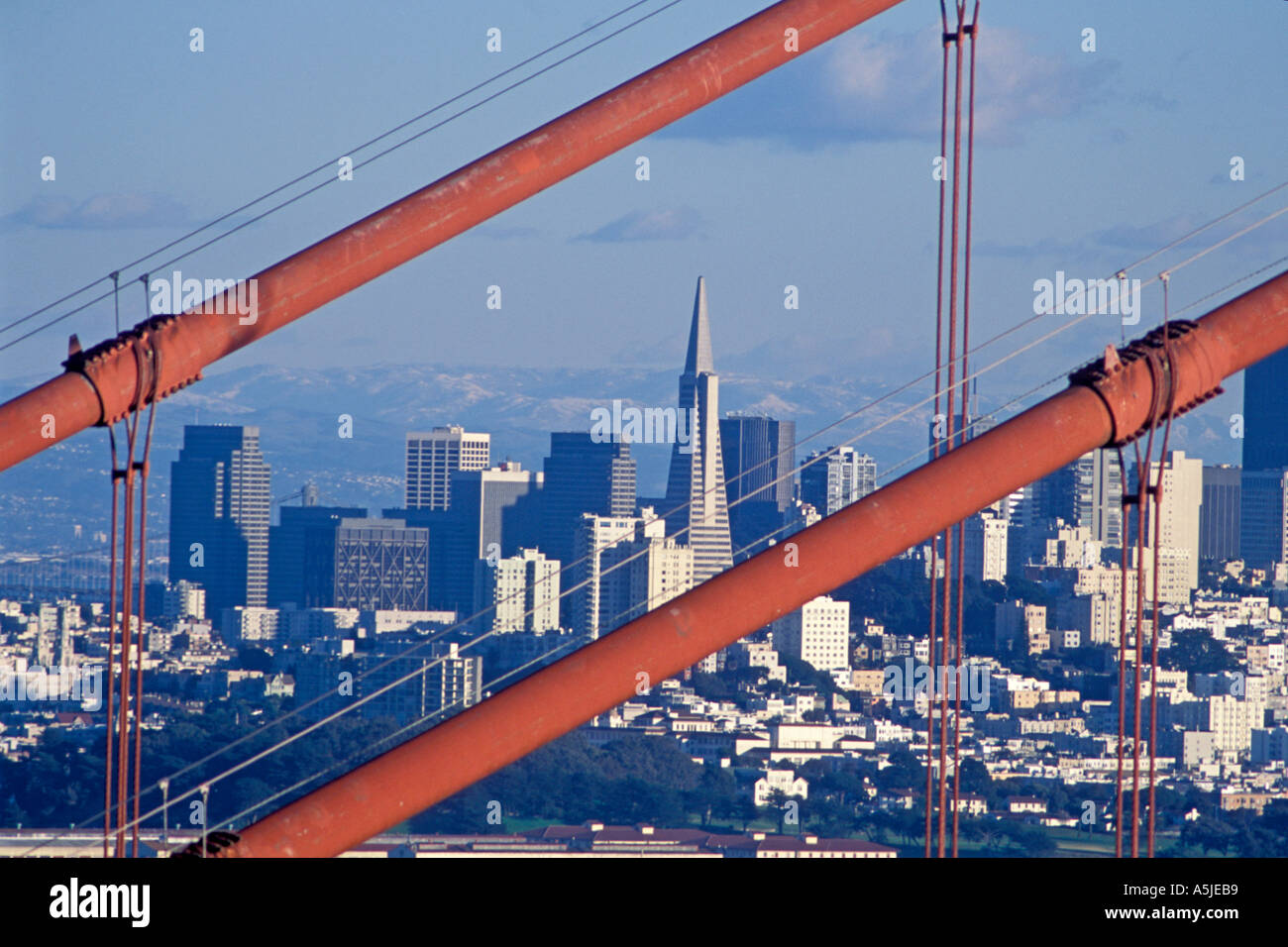 The City of San Francisco viewed through the red span cables of the ...