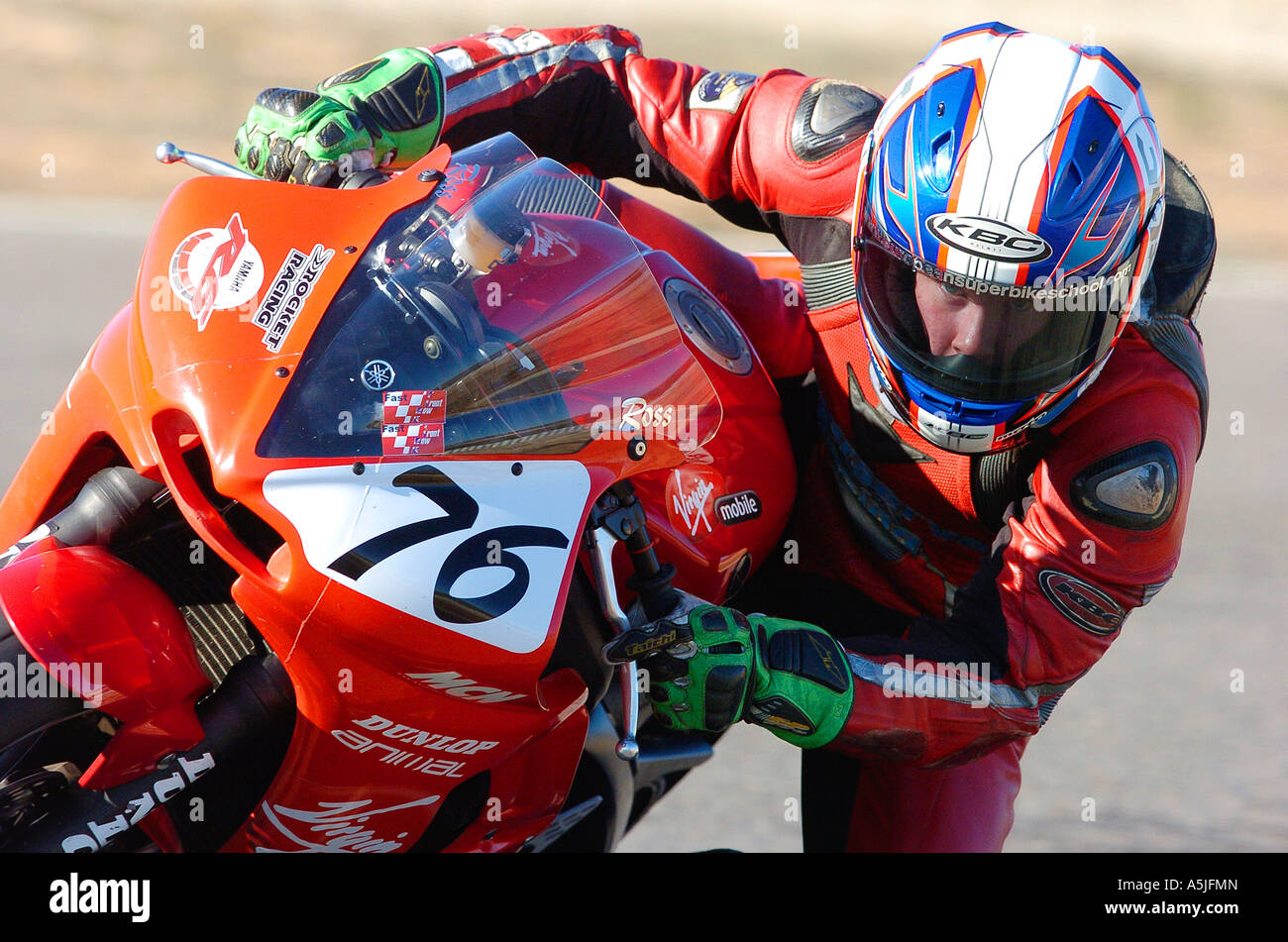 Yamaha rider concentrating in a left hand corner at Almeria Stock Photo ...