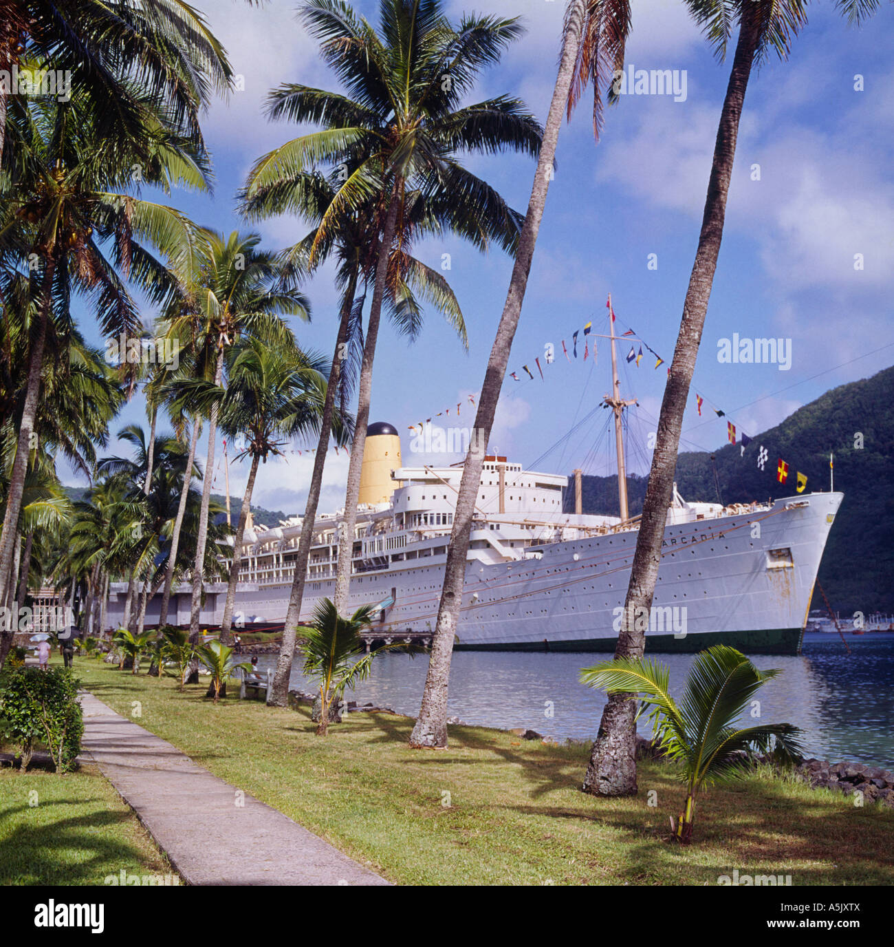 The old P & O liner ss Arcadia moored in Pago Pago harbour in 1966 at ...
