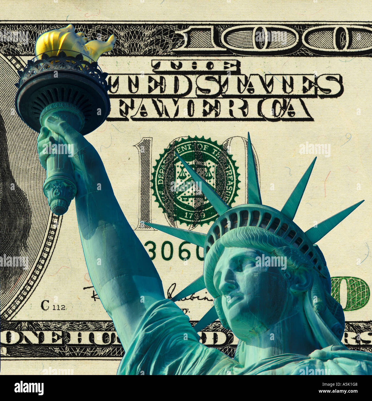 Statue of Liberty composited on a one hundred dollar bill US Stock ...