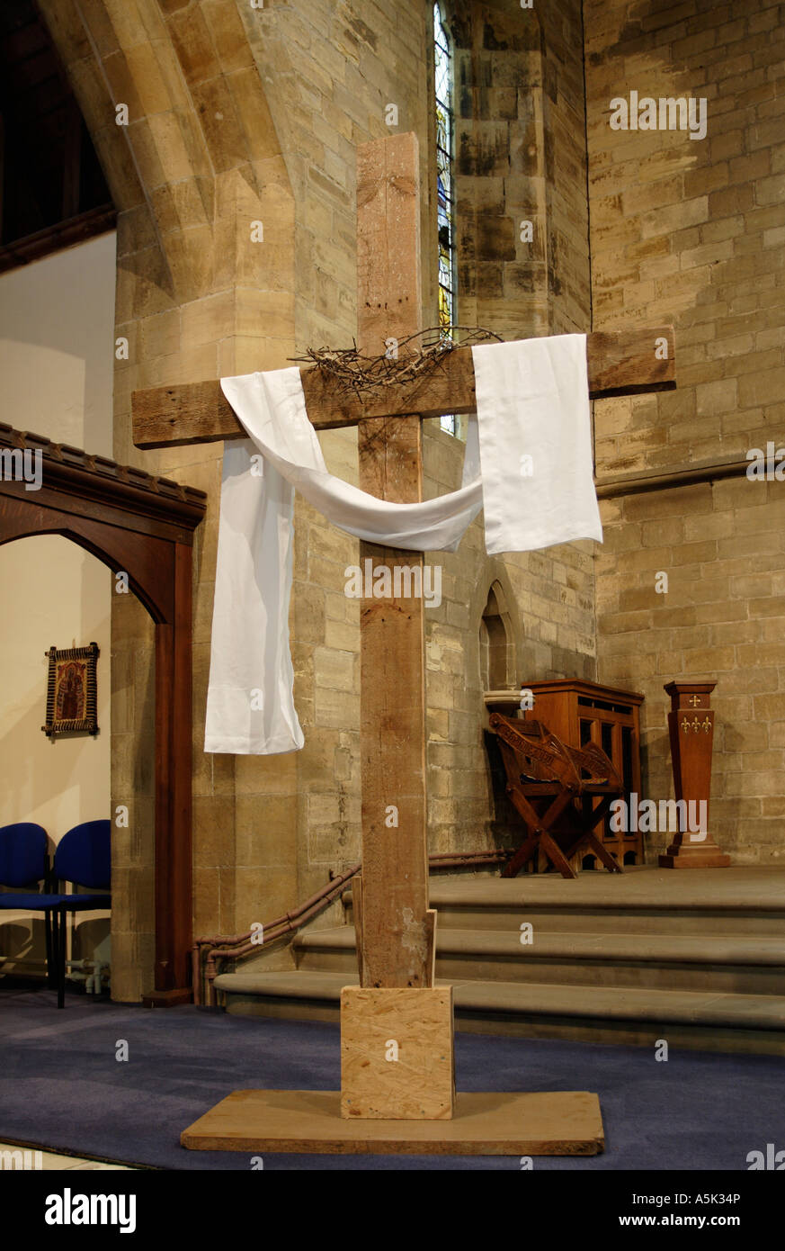 Wooden Easter cross inside St. Mary's Church, Boston Spa Stock Photo ...