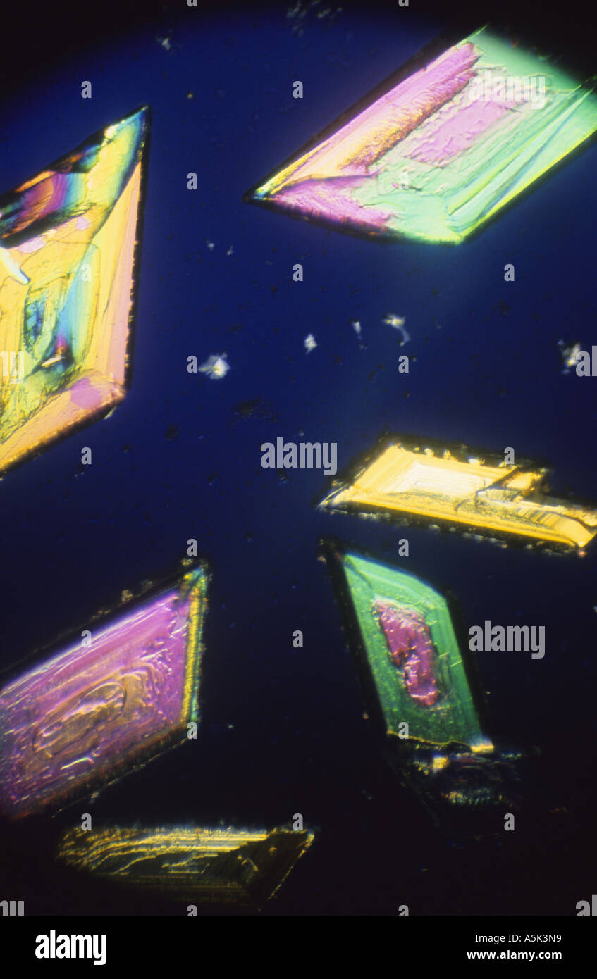 copper sulphate crystals viewed through microscope using cross ...