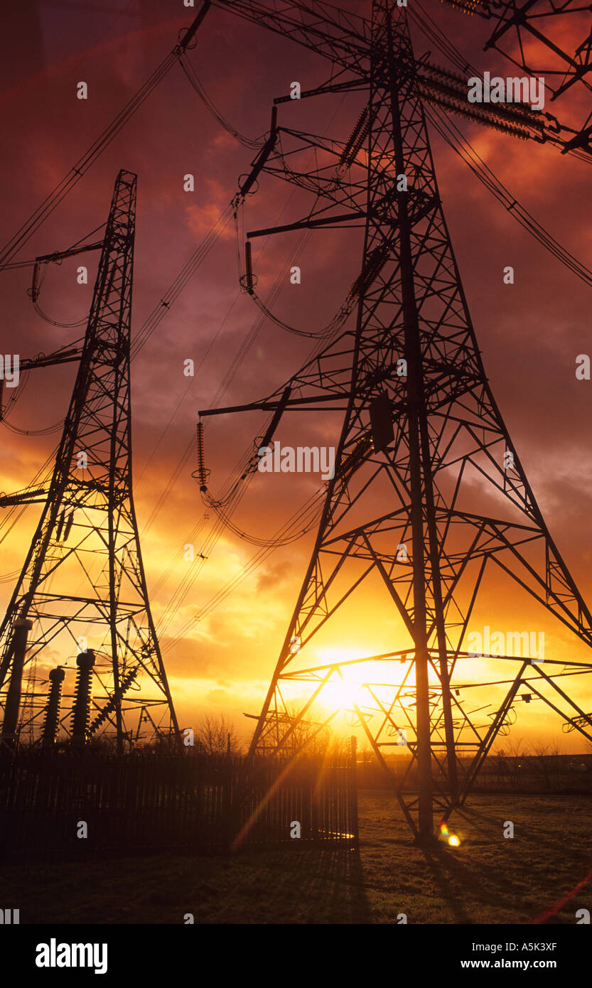 giant electricity pylons at electricity generating sub station at ...
