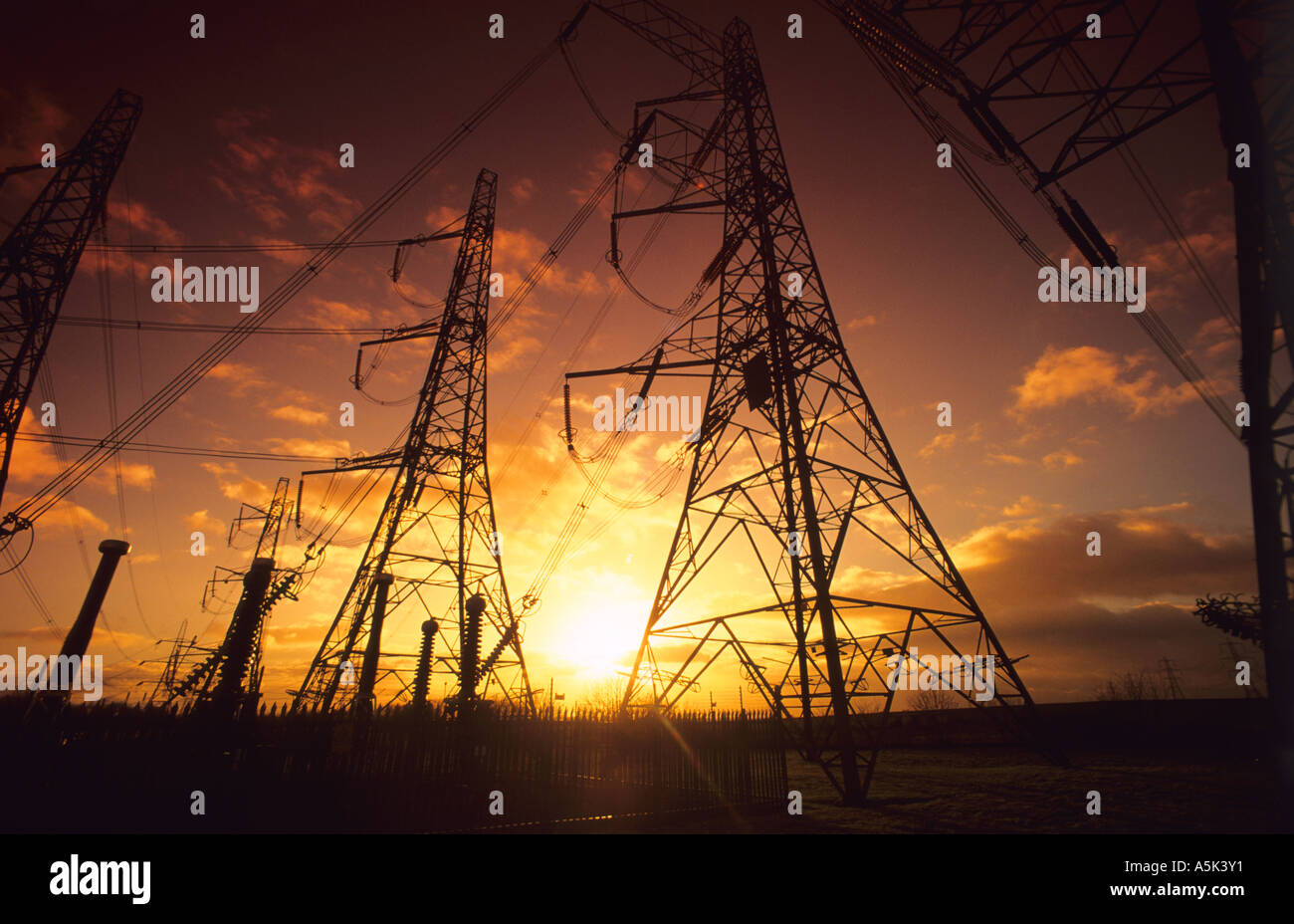 giant electricity pylons at electricity generating sub station at ...