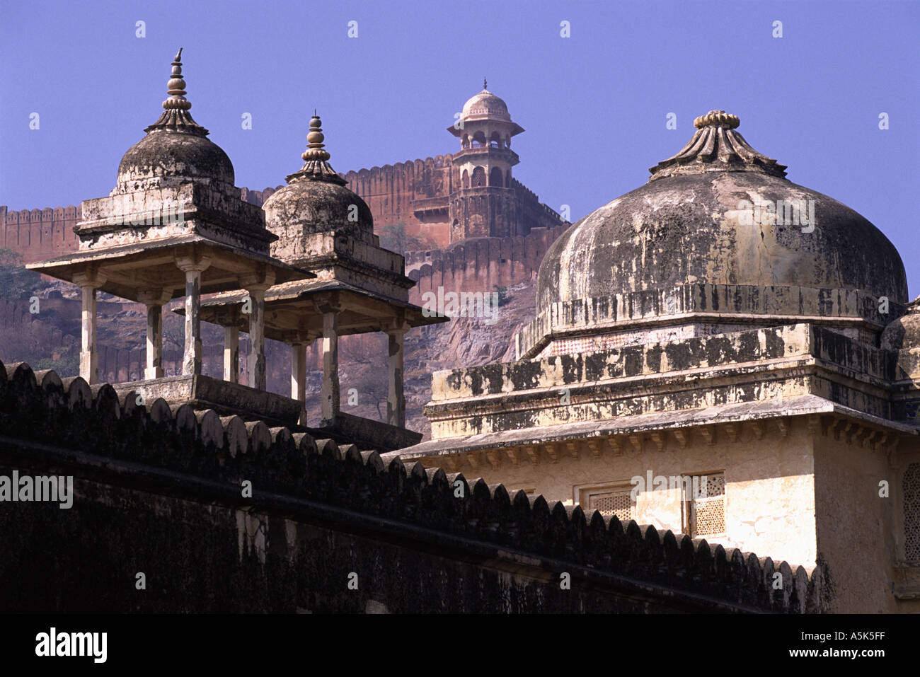Battlements of the Amber Fort above towers of the Amber Palace at ...