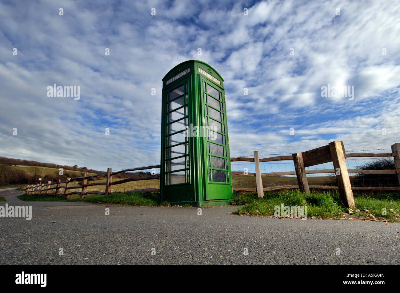A British Telecom green K6 telephone box on a quiet county lane in ...