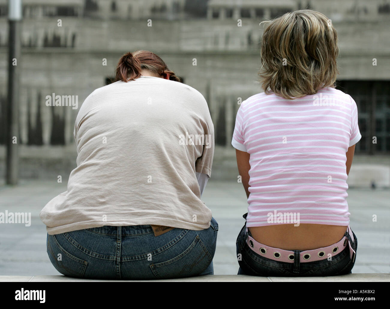 Fat and slim - different proportioned teenager sitting together Stock ...