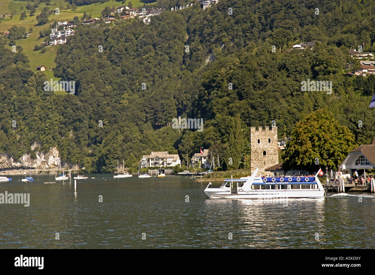 Lake Lucerne luzern Switzerland tour boat castle at Stansstad Stock ...