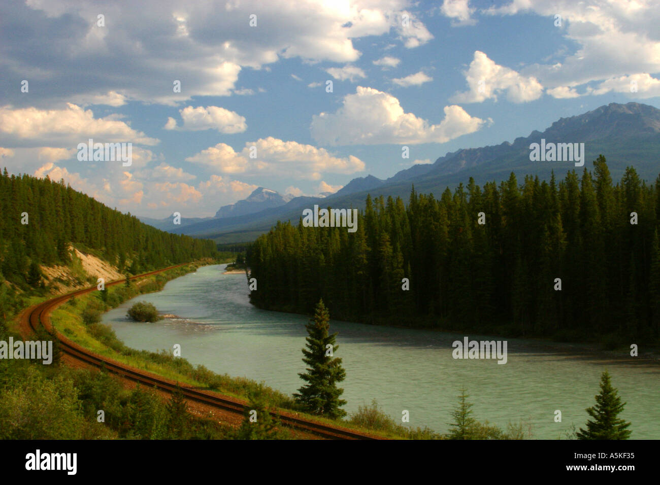 Horizontal Rail road tracks winding through the Canadian Rockies Stock ...