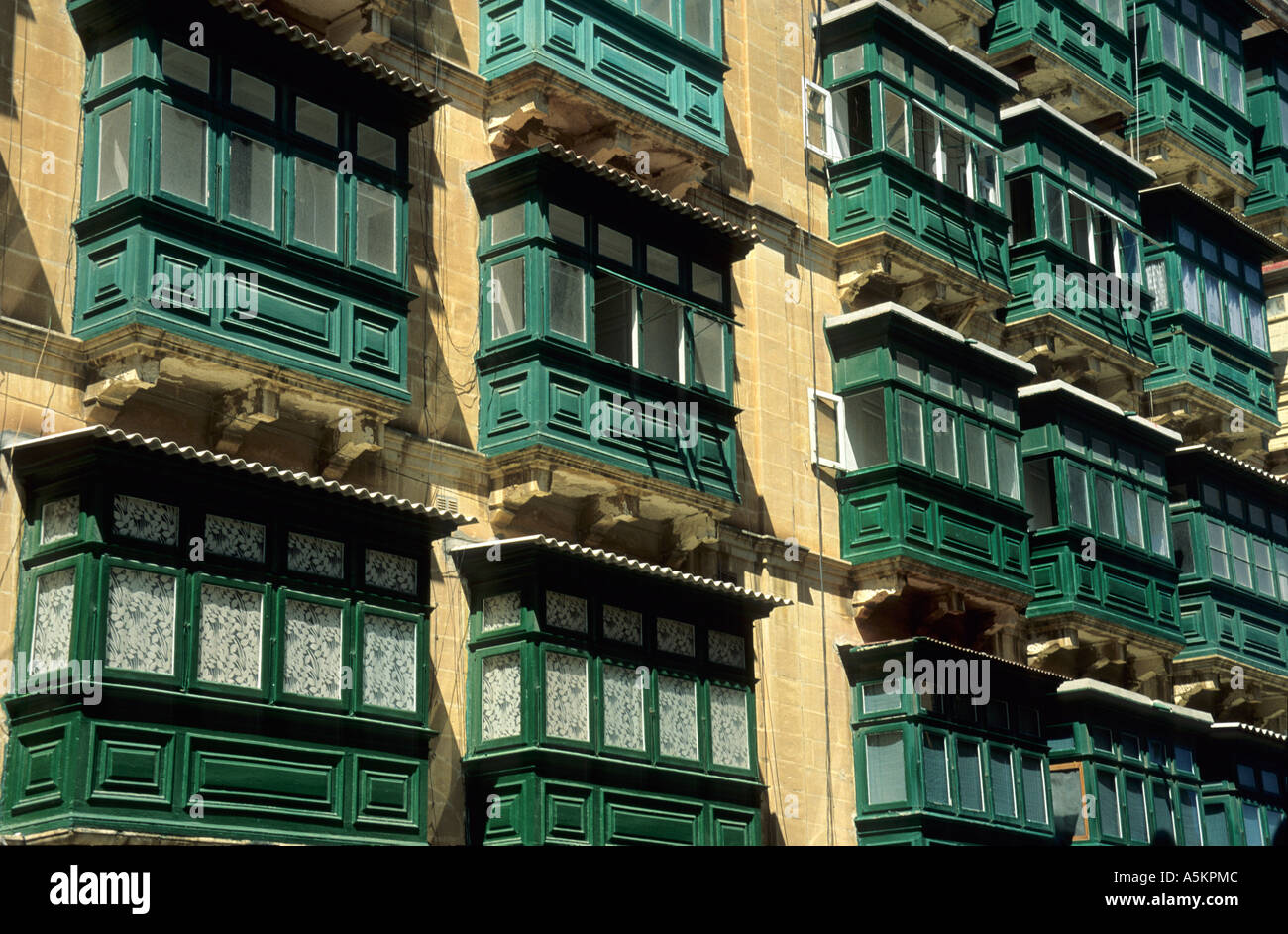 Typical maltese bay windows, historic center of Valetta, Malta Stock ...