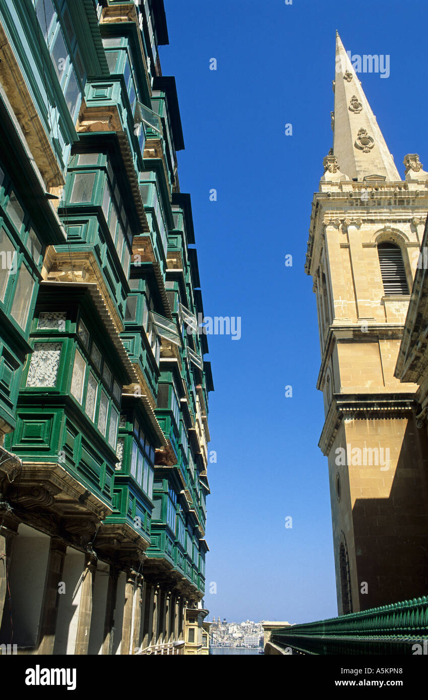 Typical maltese bay windows, historic center of Valetta, Malta Stock ...