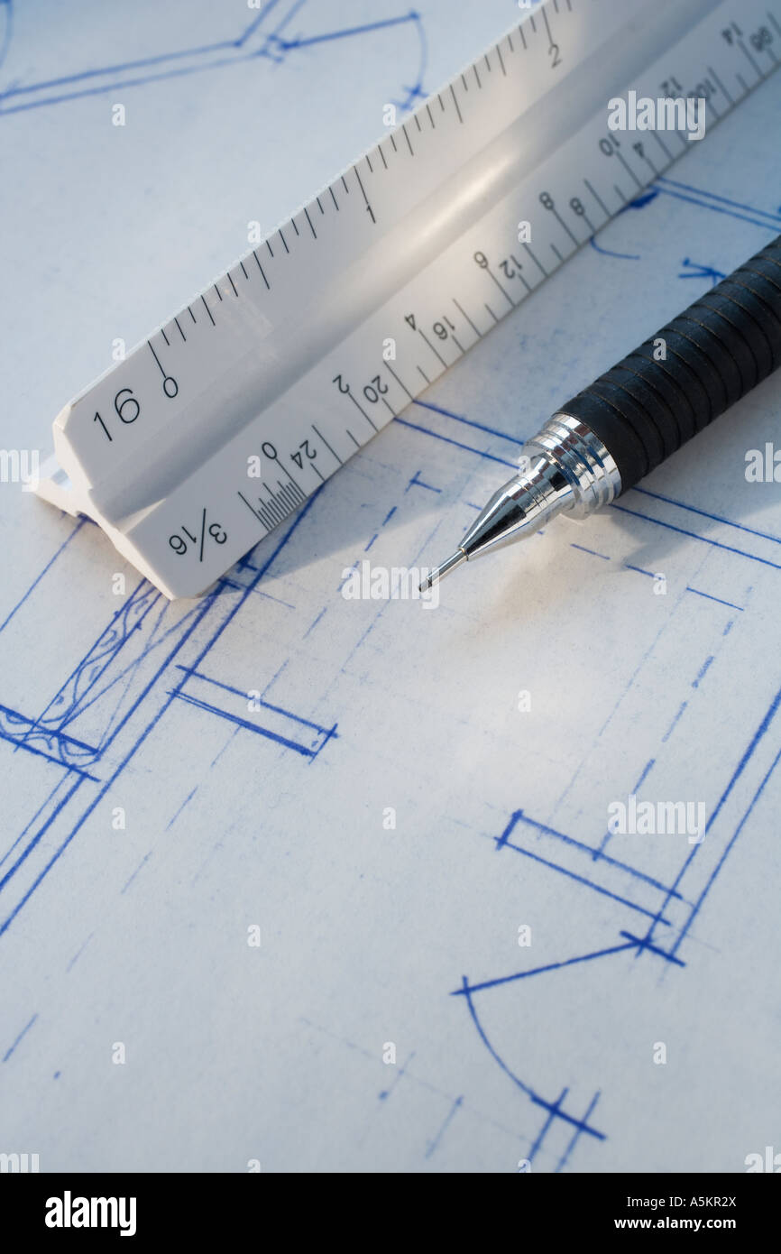 Close up of ruler and pen on blueprints Stock Photo - Alamy