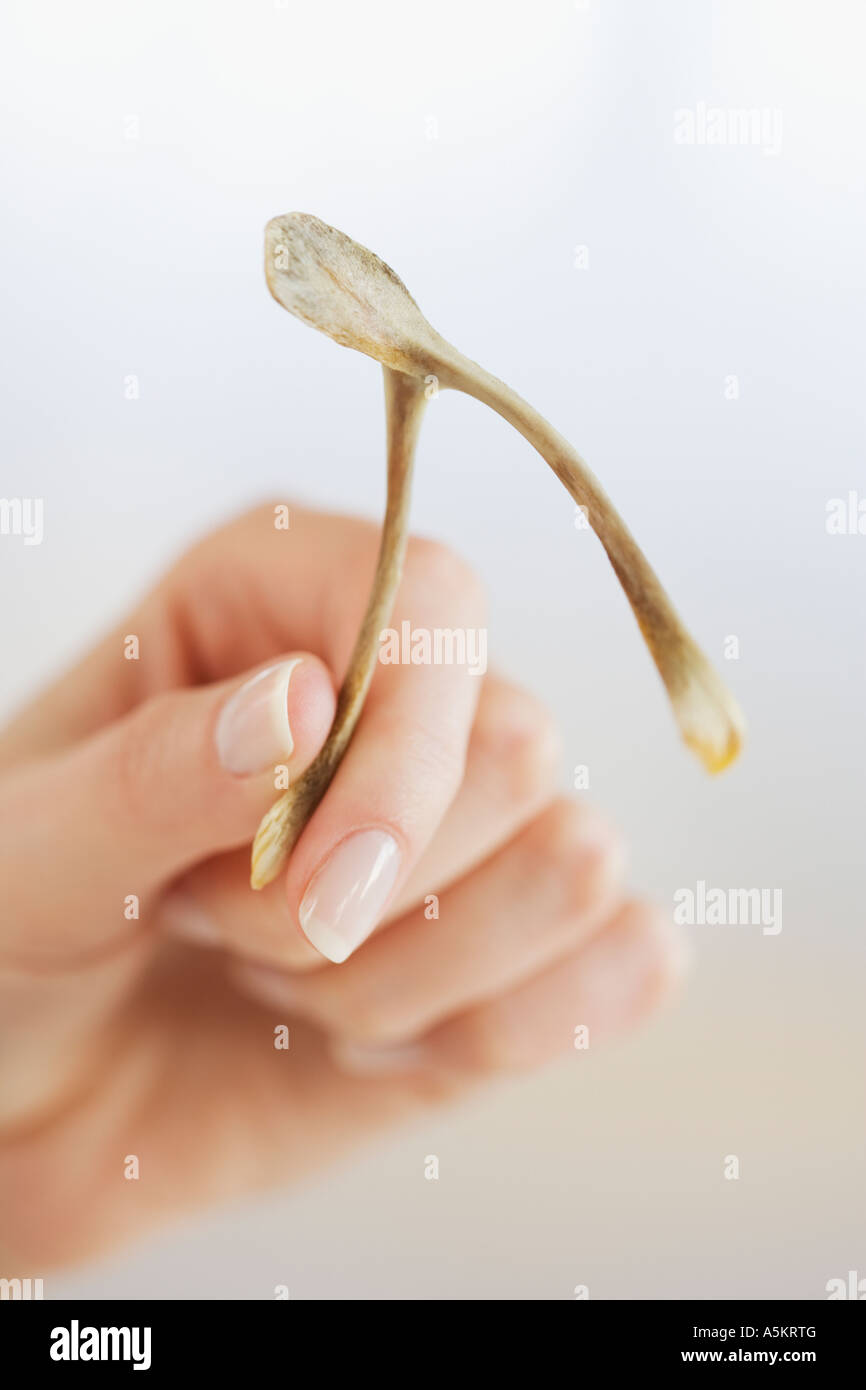Close up of woman holding wishbone Stock Photo - Alamy