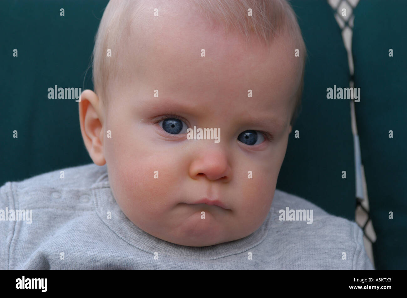 An adorable baby boy with blue eyes wears a stubborn expression in the ...