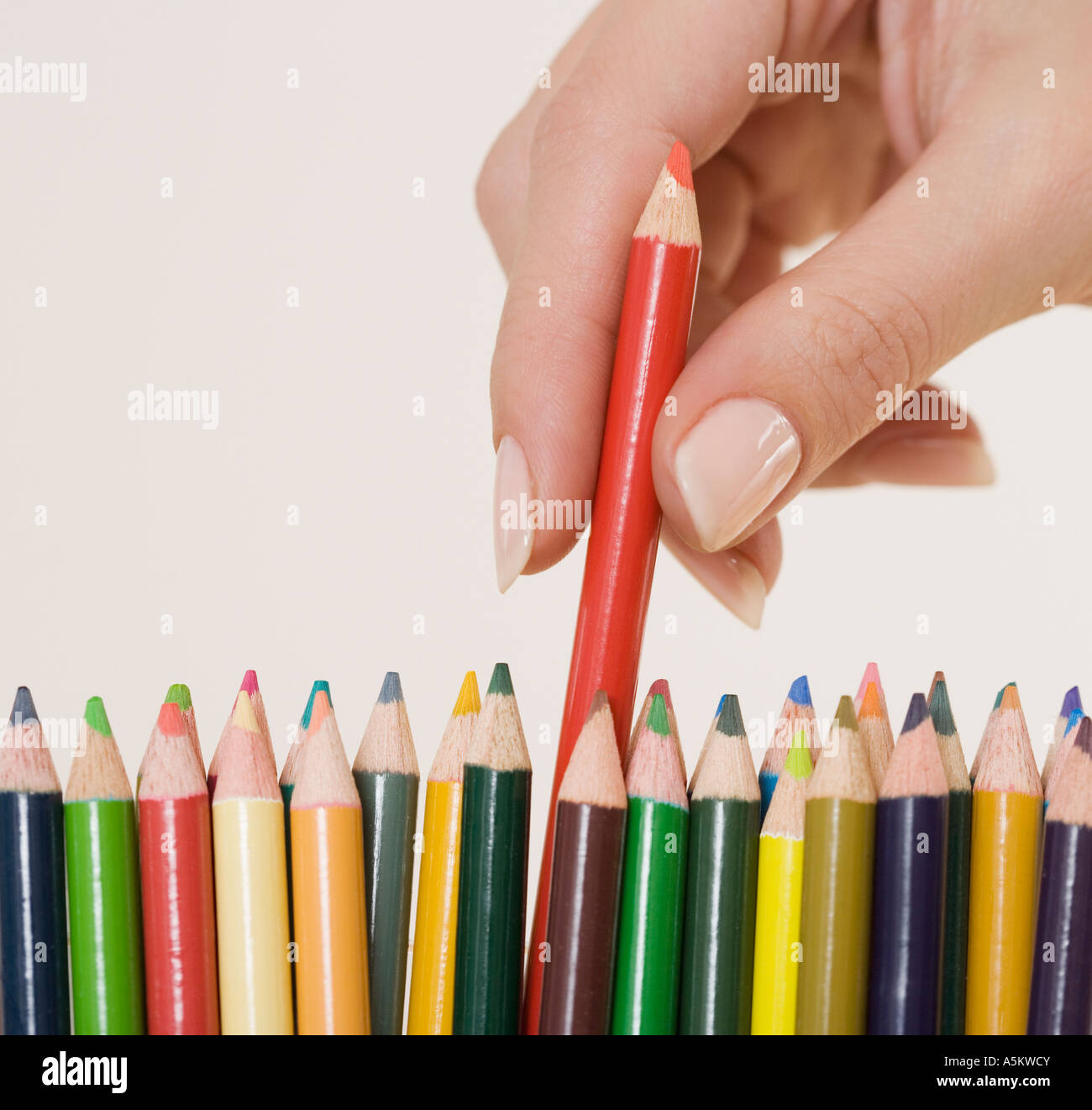Woman choosing colored pencil Stock Photo - Alamy
