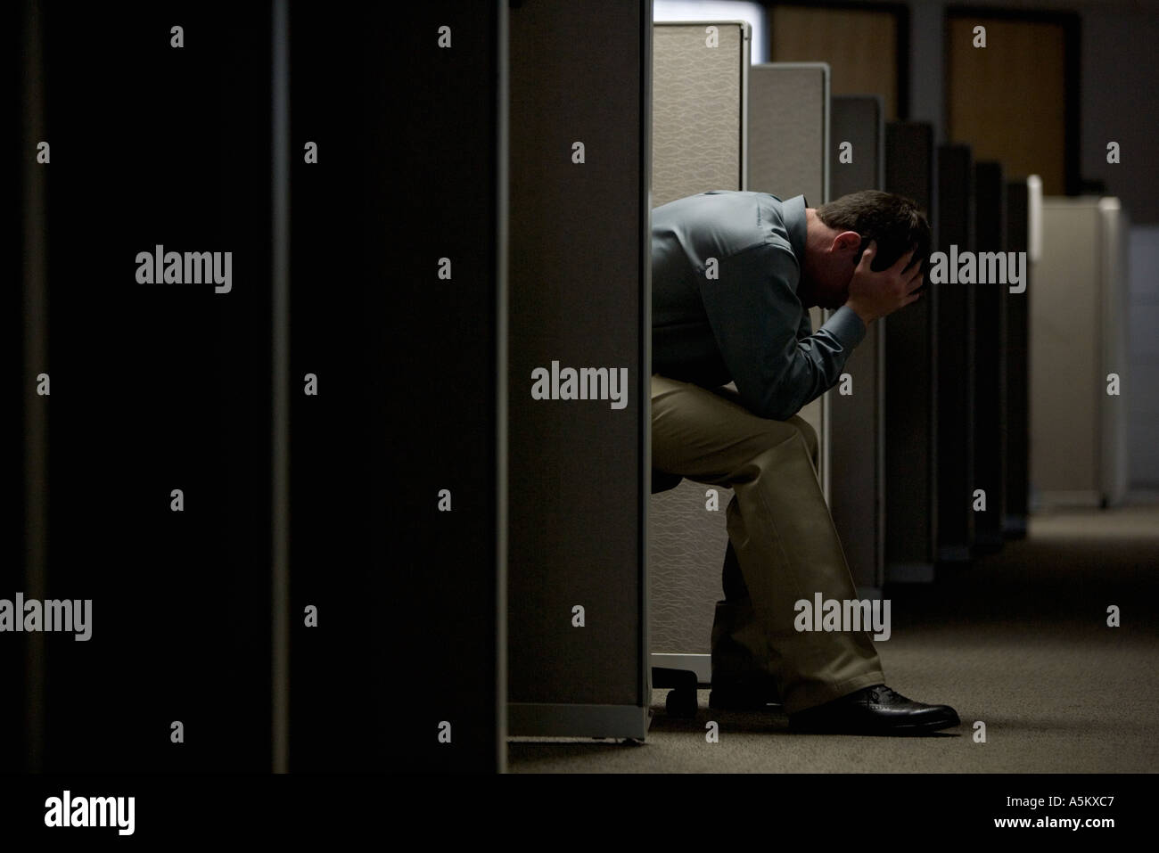 stressed out office worker with hands on head in row of cubicles Stock ...