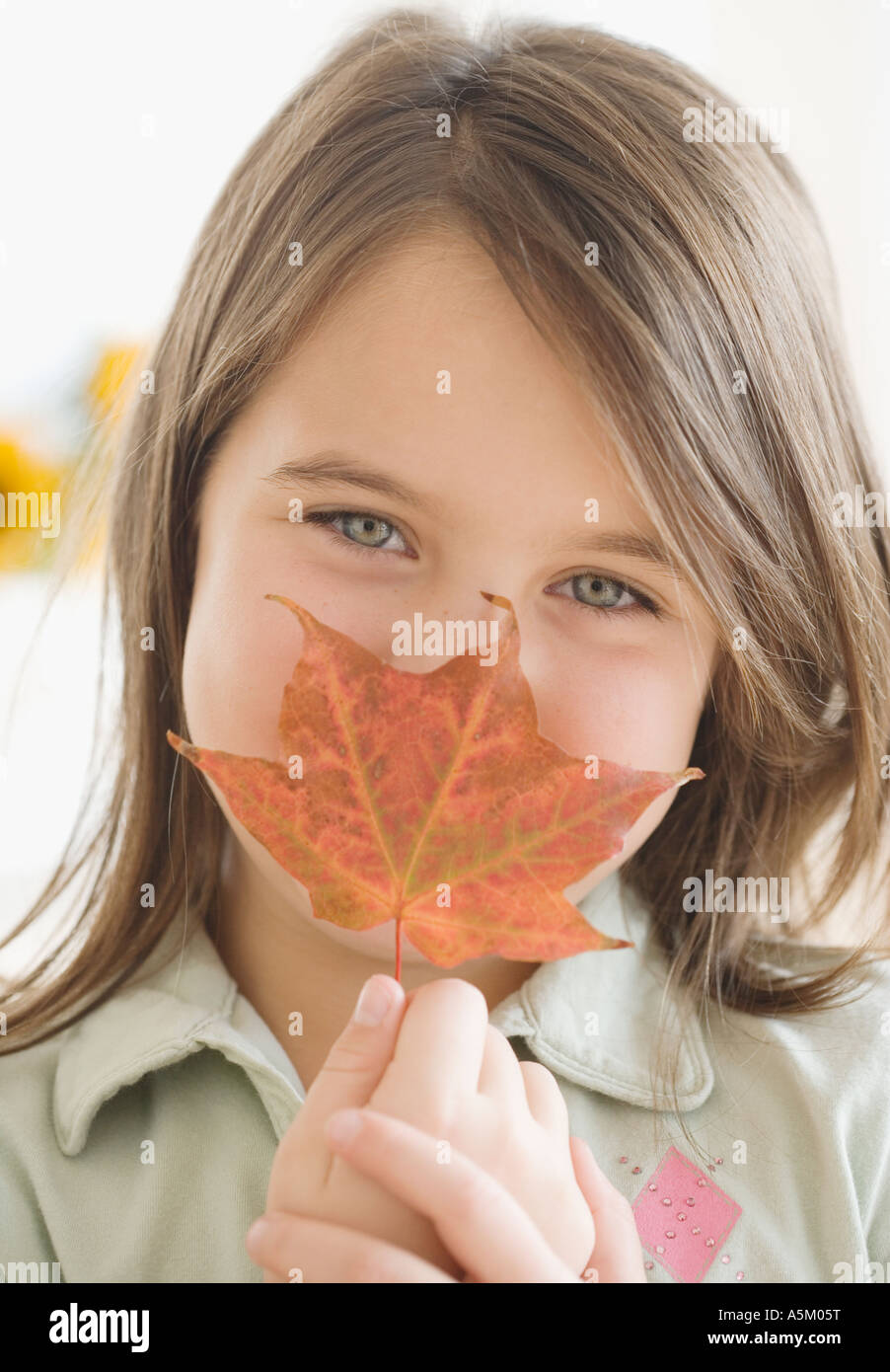 Girl holding autumn leaf in front of face Stock Photo - Alamy