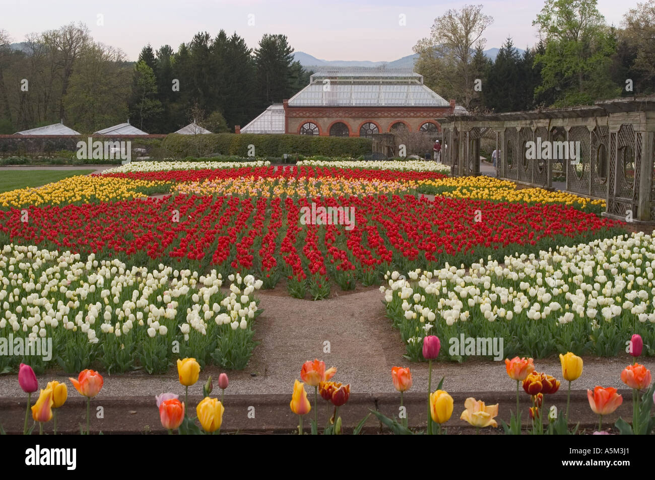 A view of the Biltmore Estate gardens and Greenhouse from a distance in ...
