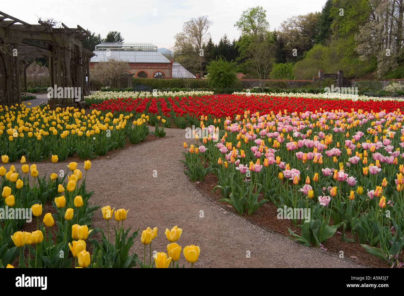 A view of the Biltmore Estate Gardens from a path in the springtime ...
