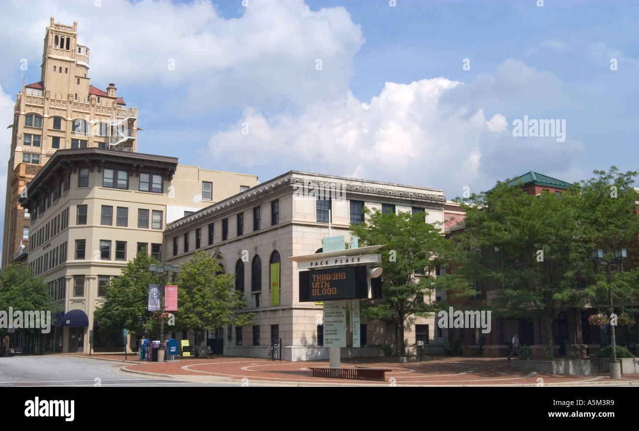 A view of some historic buildings near Pack Place in downtown Asheville ...