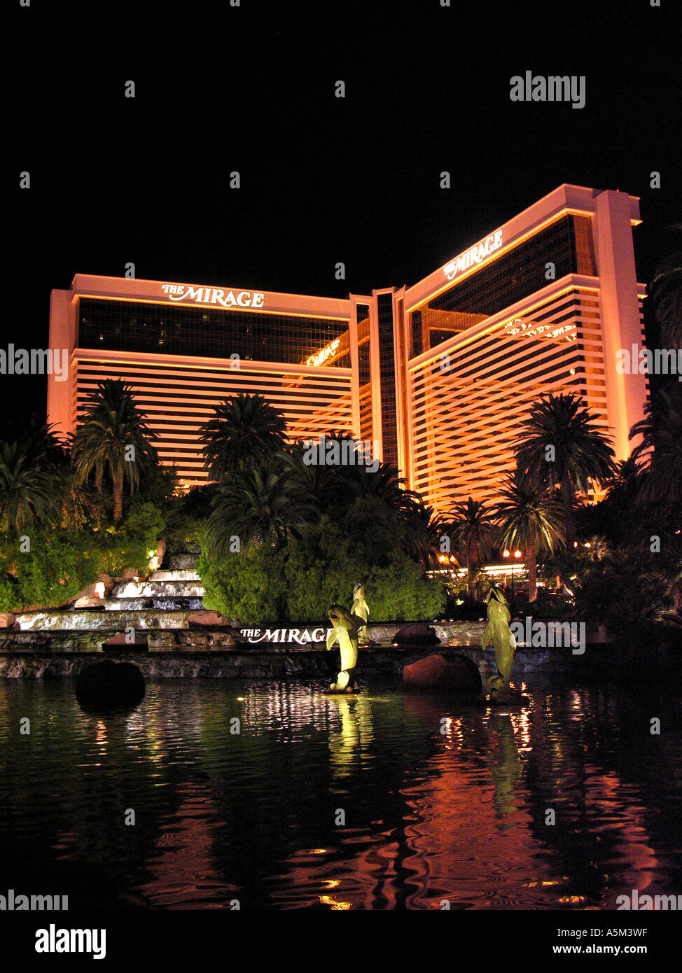 Las Vegas strip night Mirage dolphin pond Stock Photo - Alamy