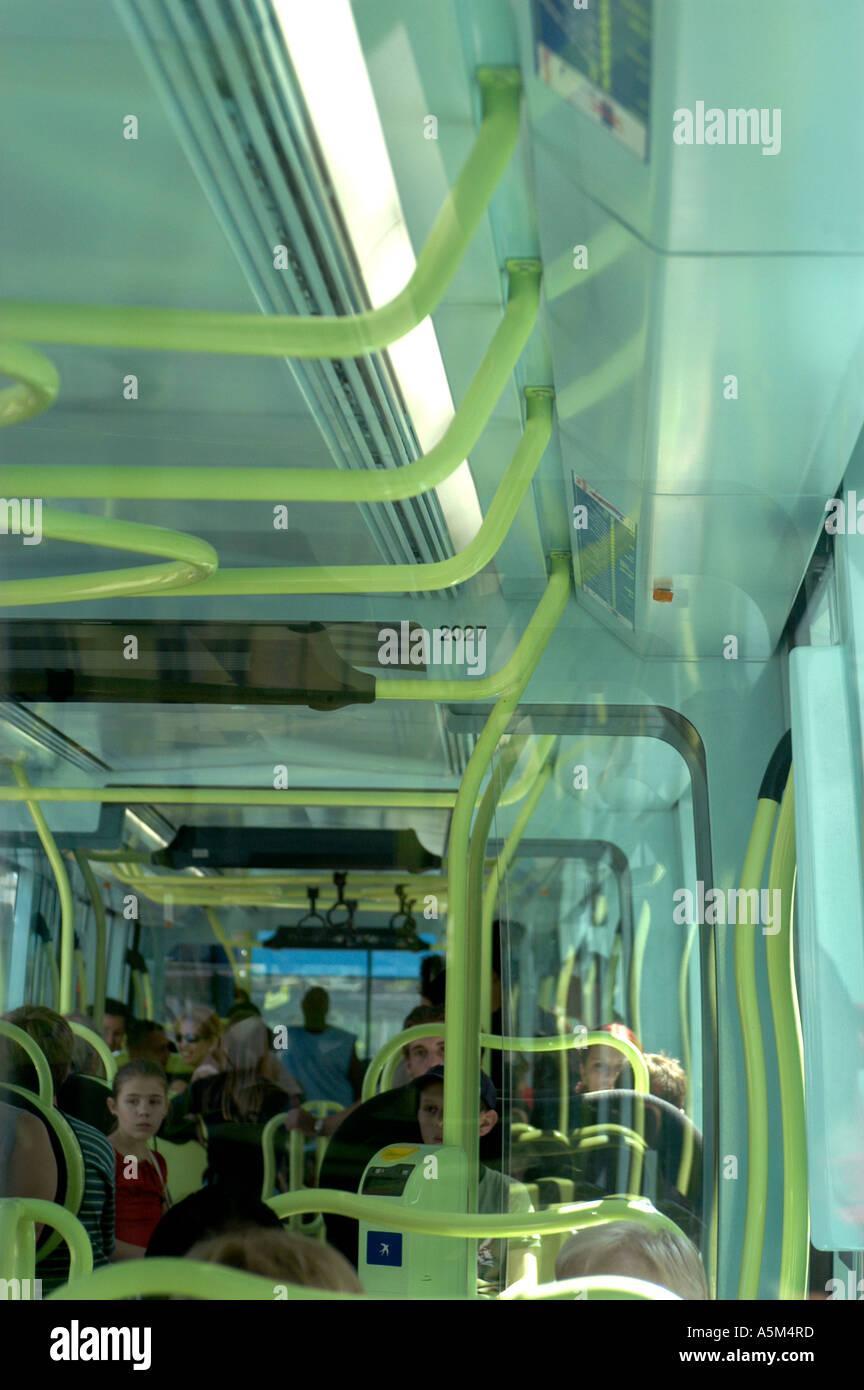 The inside of the colorful TAM the Public transport system of downtown ...