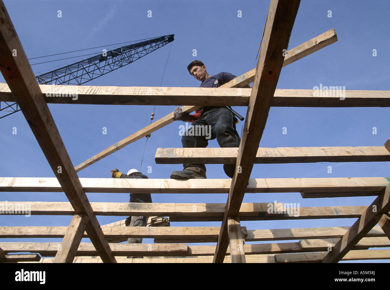 Carpenter builds frame for floors in reinforced concrete construction ...