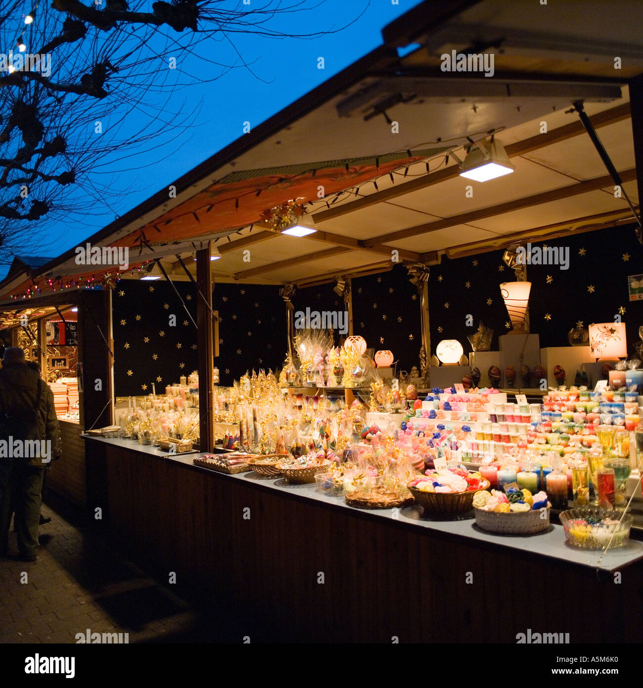 Candles stall, "Christkindelsmärik" Christmas market, empty street ...
