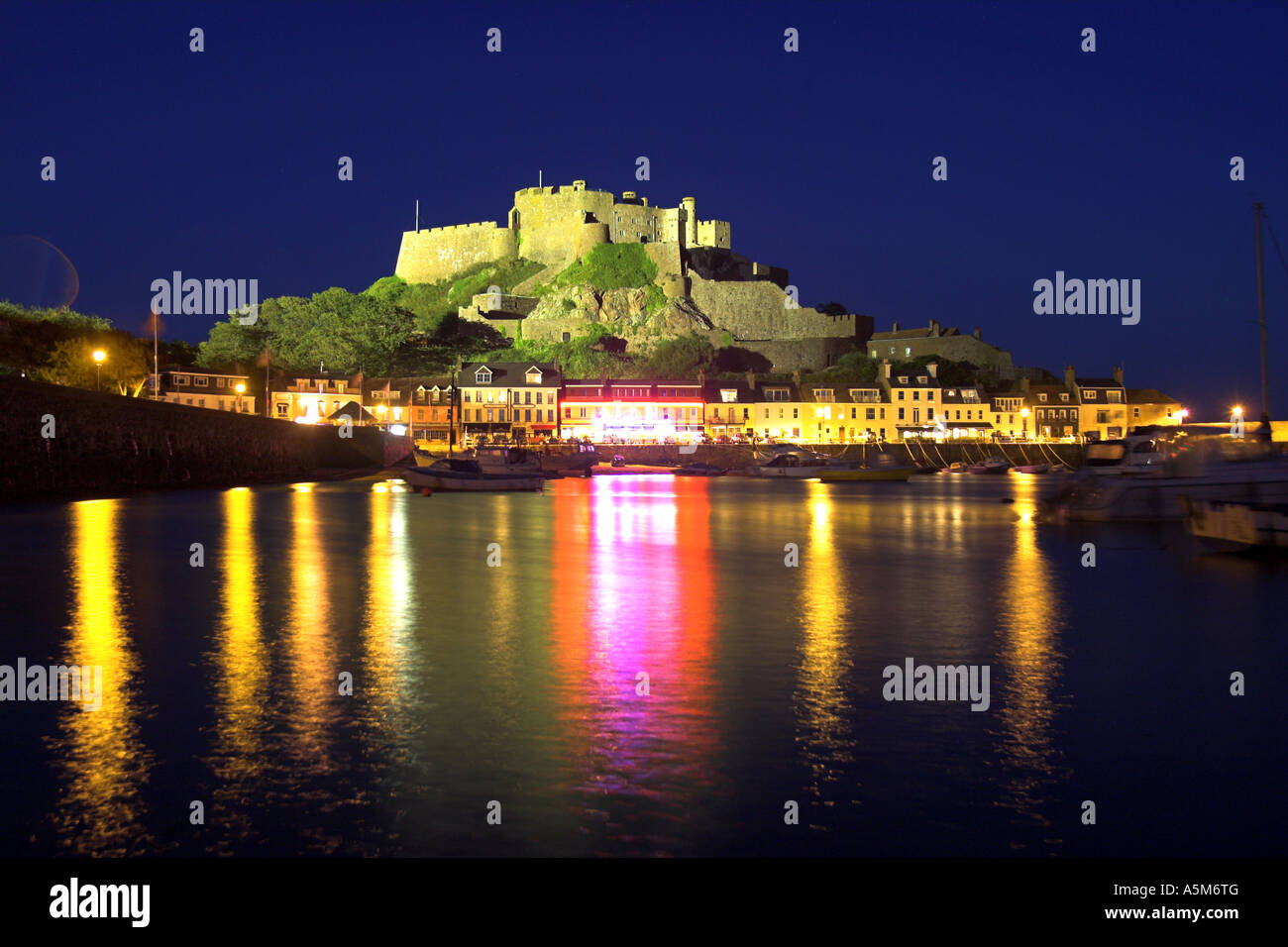 Mont Orgueil Castle Gorey Jersey Channel Islands at night, with lights ...