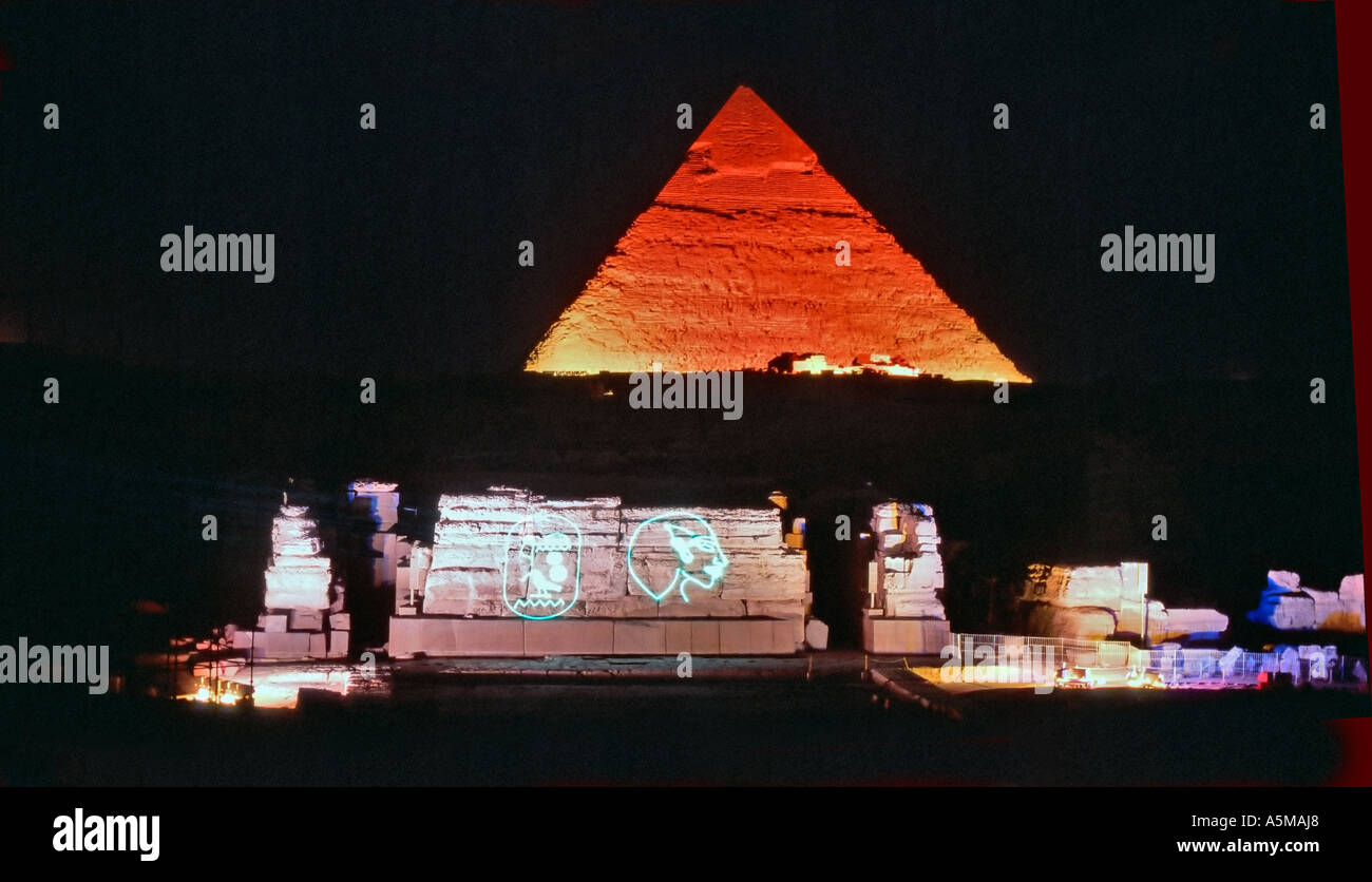 Ancient Monuments "Cairo Egypt" "Kheops Pyramids" Lit up at Night with ...