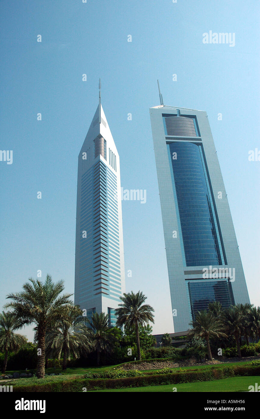 RAJ98820 Two modern tall buildings Dubai skyline Emirates Head Office ...