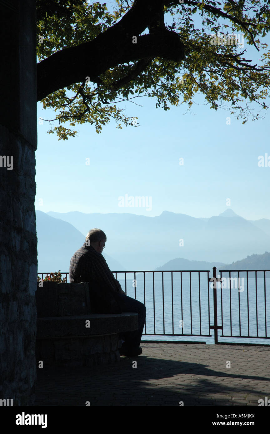 one old man sitting in shade of tree overlooking lake como Stock Photo ...