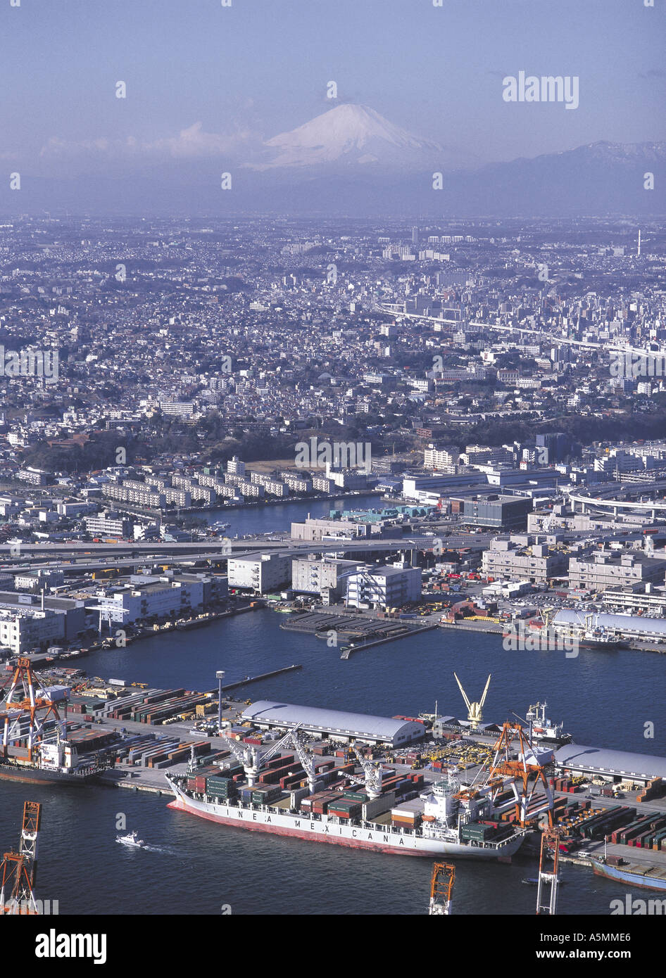 Aerial view of docks at Yokohama with Mt Fuji in background Japan Stock ...