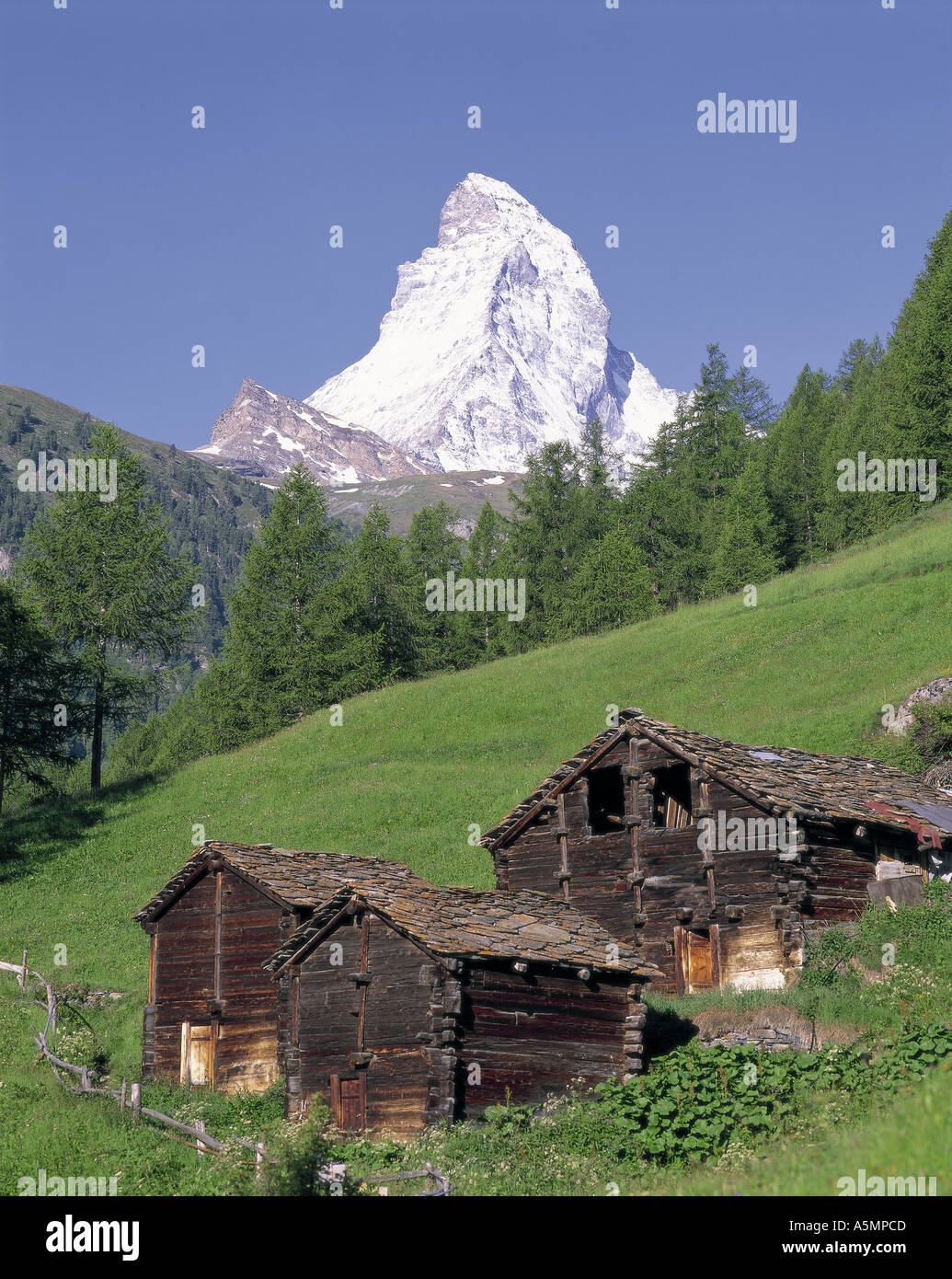 Mountain huts and Matterhorn in background Zermatt Switzerland Stock ...