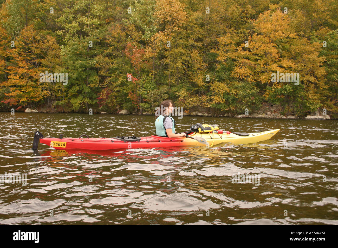 A woman kayaks on a lake Split Rock Reservoir Rockaway Township New ...