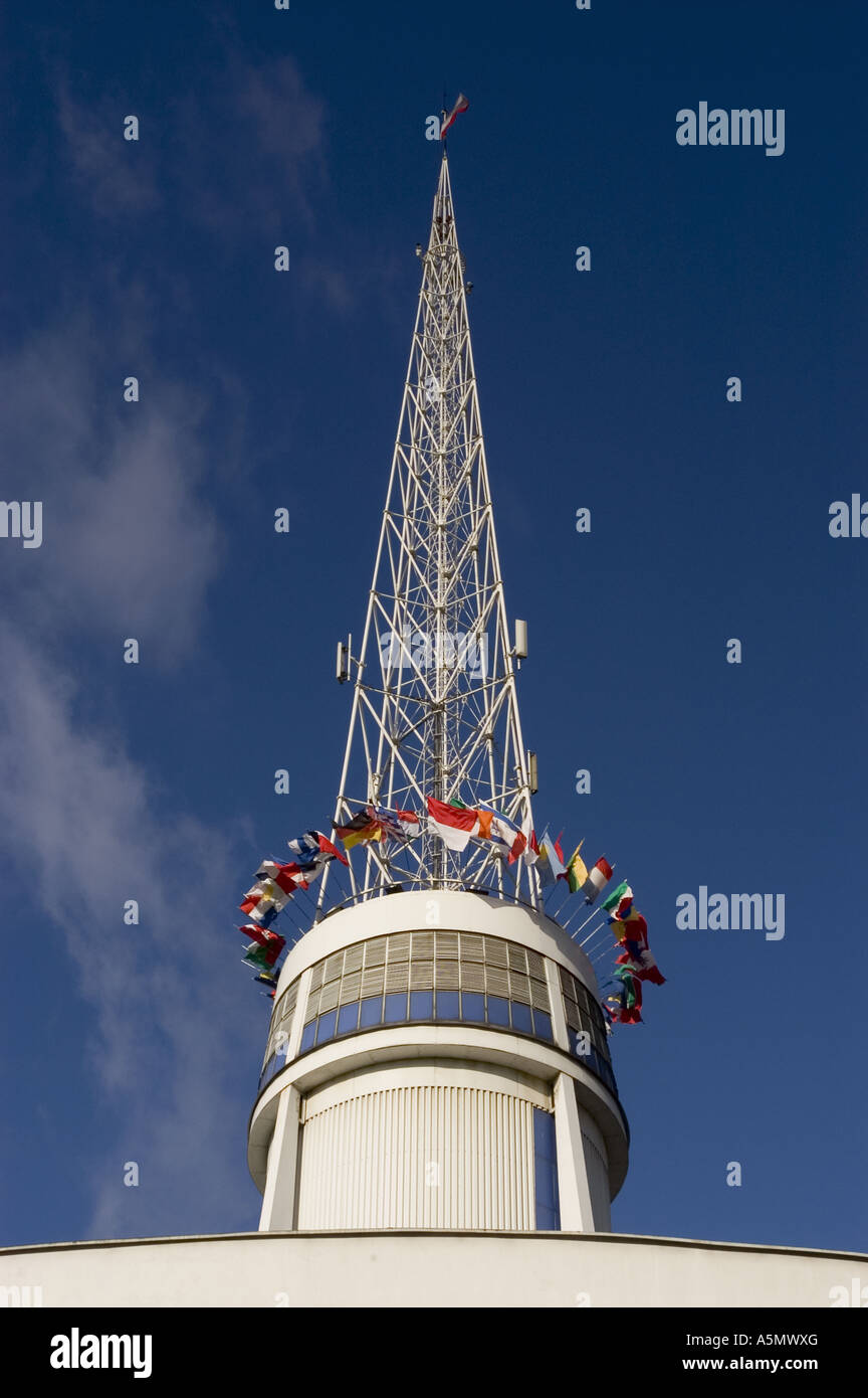 Needle spire of International Poznan Fairs with blue sky background ...