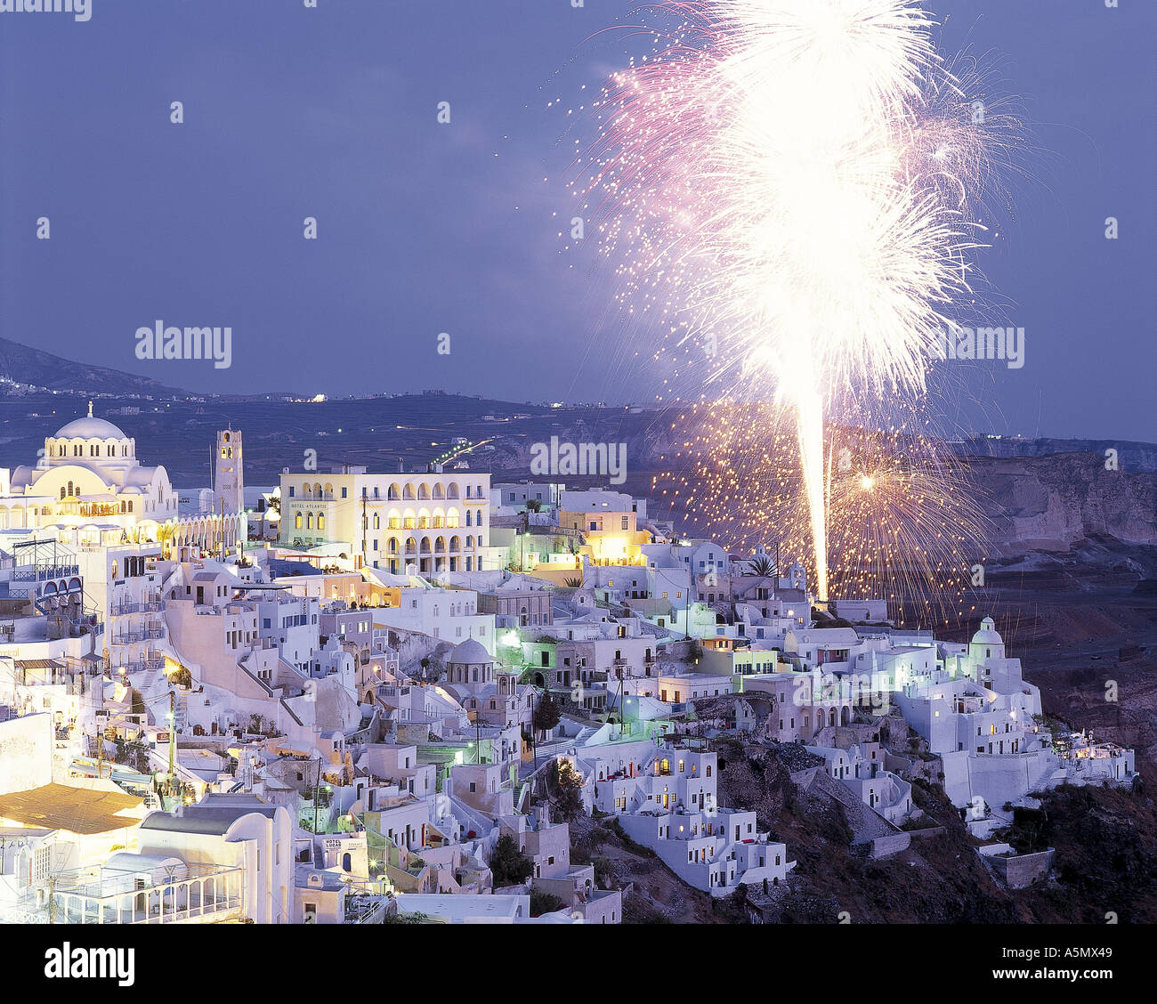 Fireworks welcome a cruise boat to Santorini Greece Stock Photo - Alamy