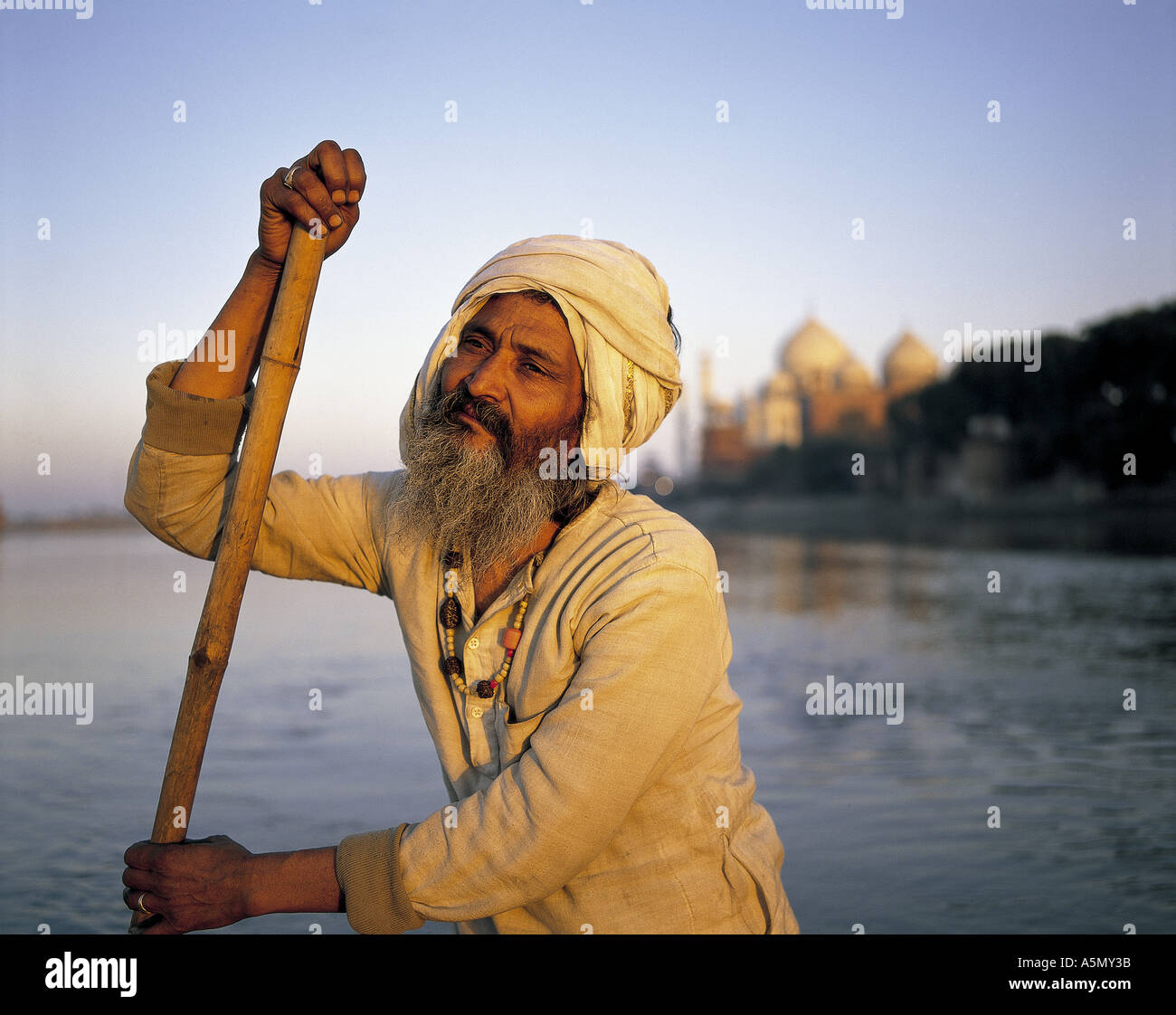 Boatman on Jamuna River in front of Taj Mahal Agra India Stock Photo ...