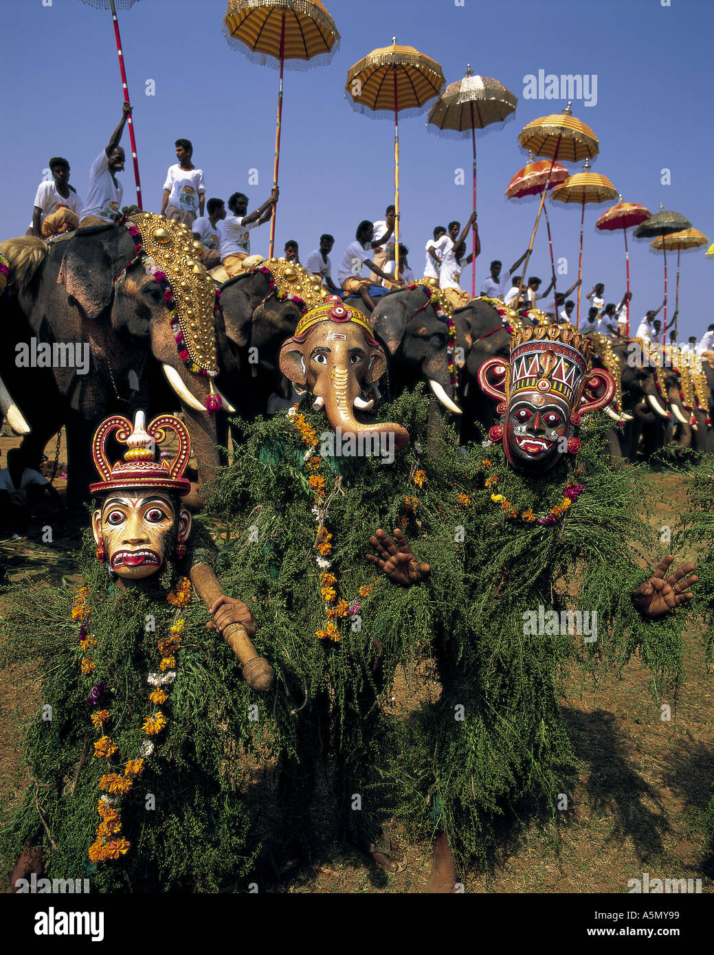 Masked dancers at Great Elephant March Trichur Kerala India Stock Photo ...