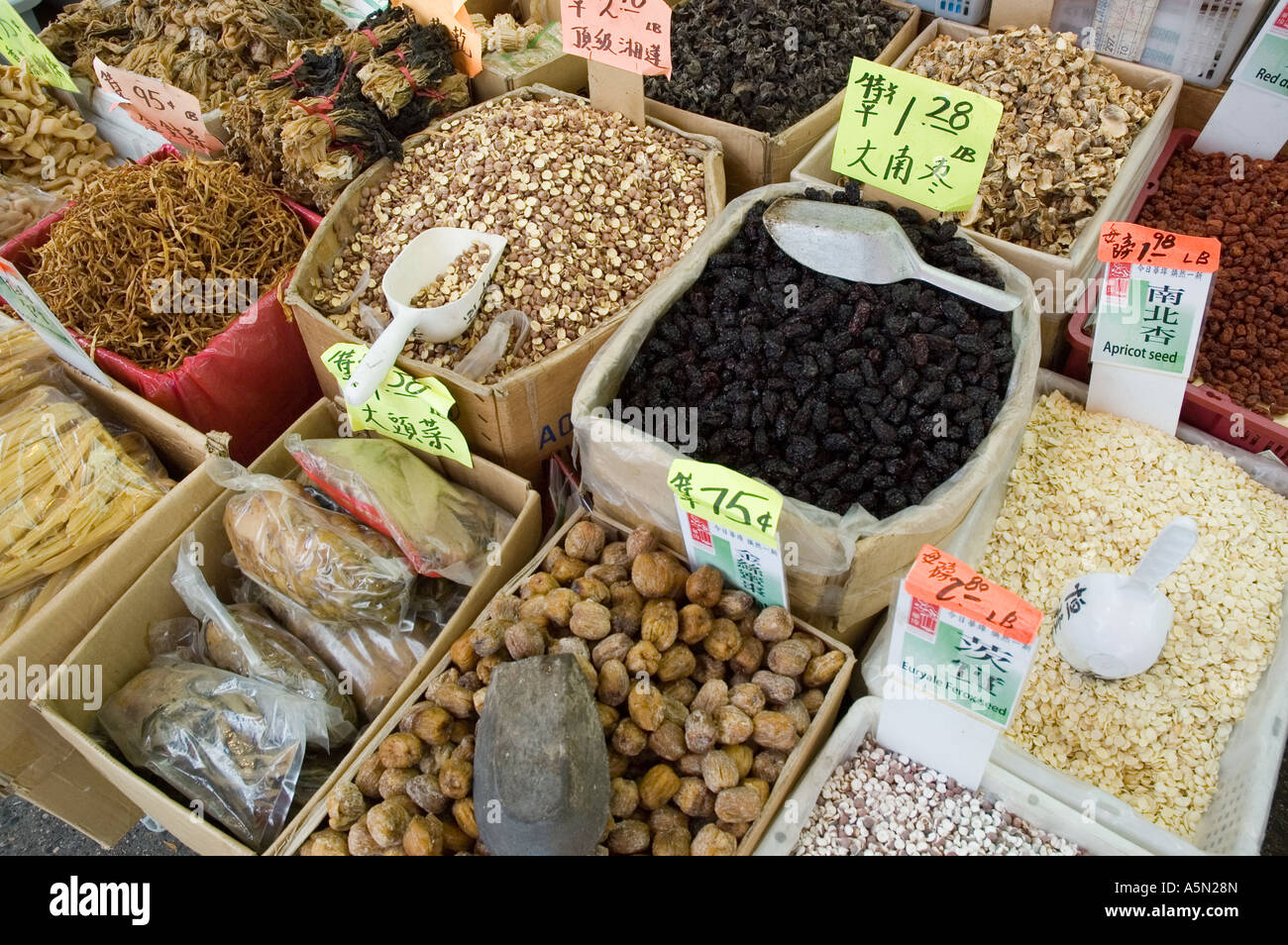 dried fish nuts fruit seeds and mushrooms in bins on the sidewalk ...