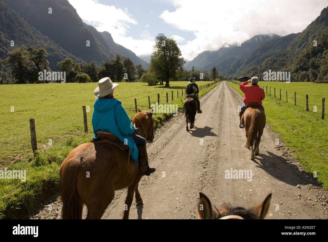 Chile Lake Country People riding horses at Peulla in a meadow in the ...