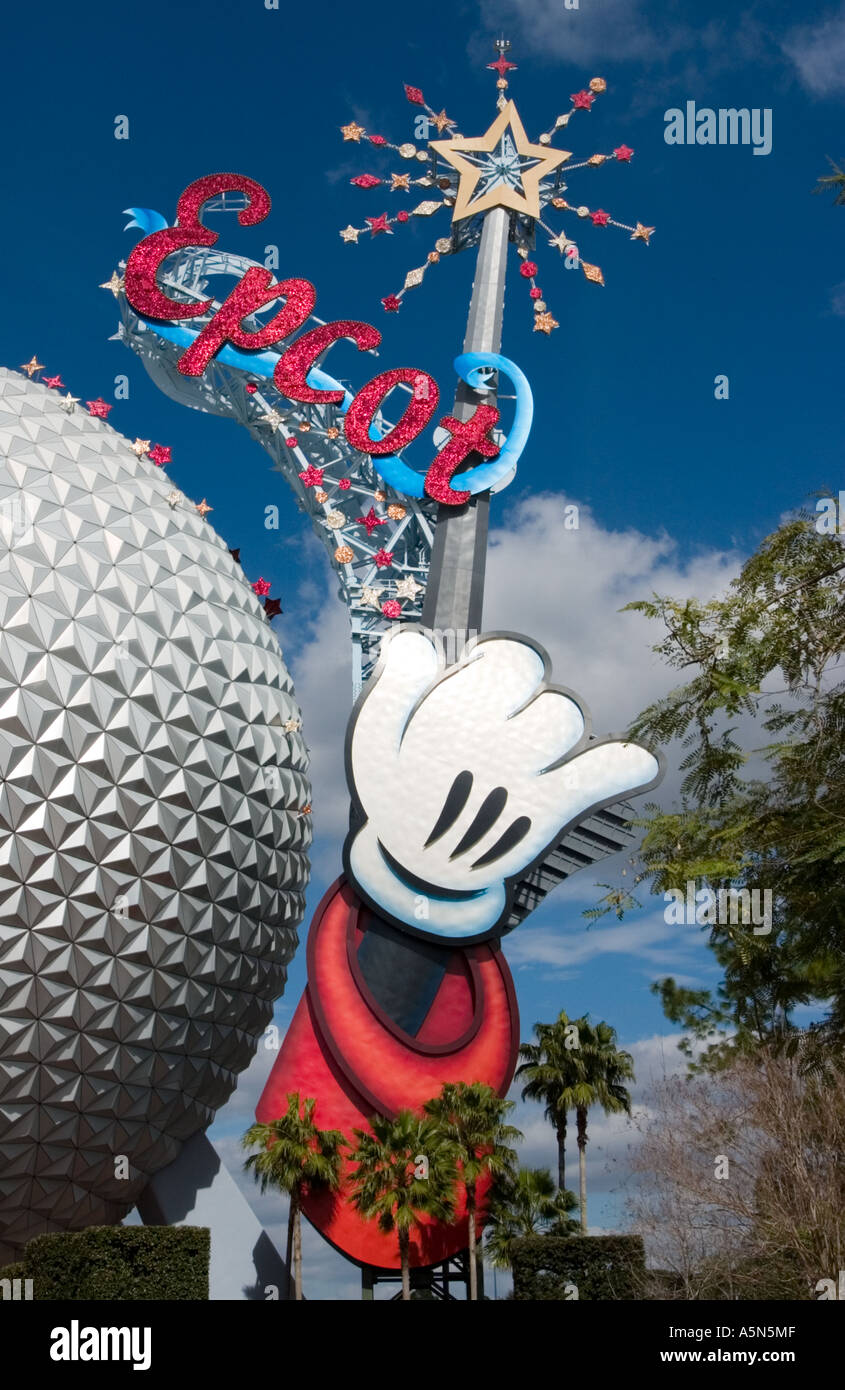 Spaceship Earth Sphere and hand of Mickey Mouse at entrance to Epcot ...