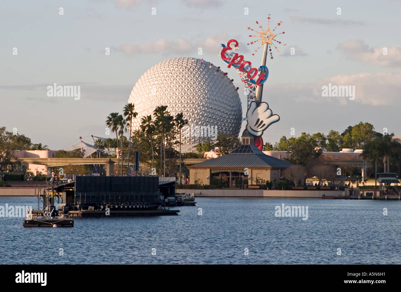 Spaceship Earth globe at entrance to Epcot viewed across World Showcase ...
