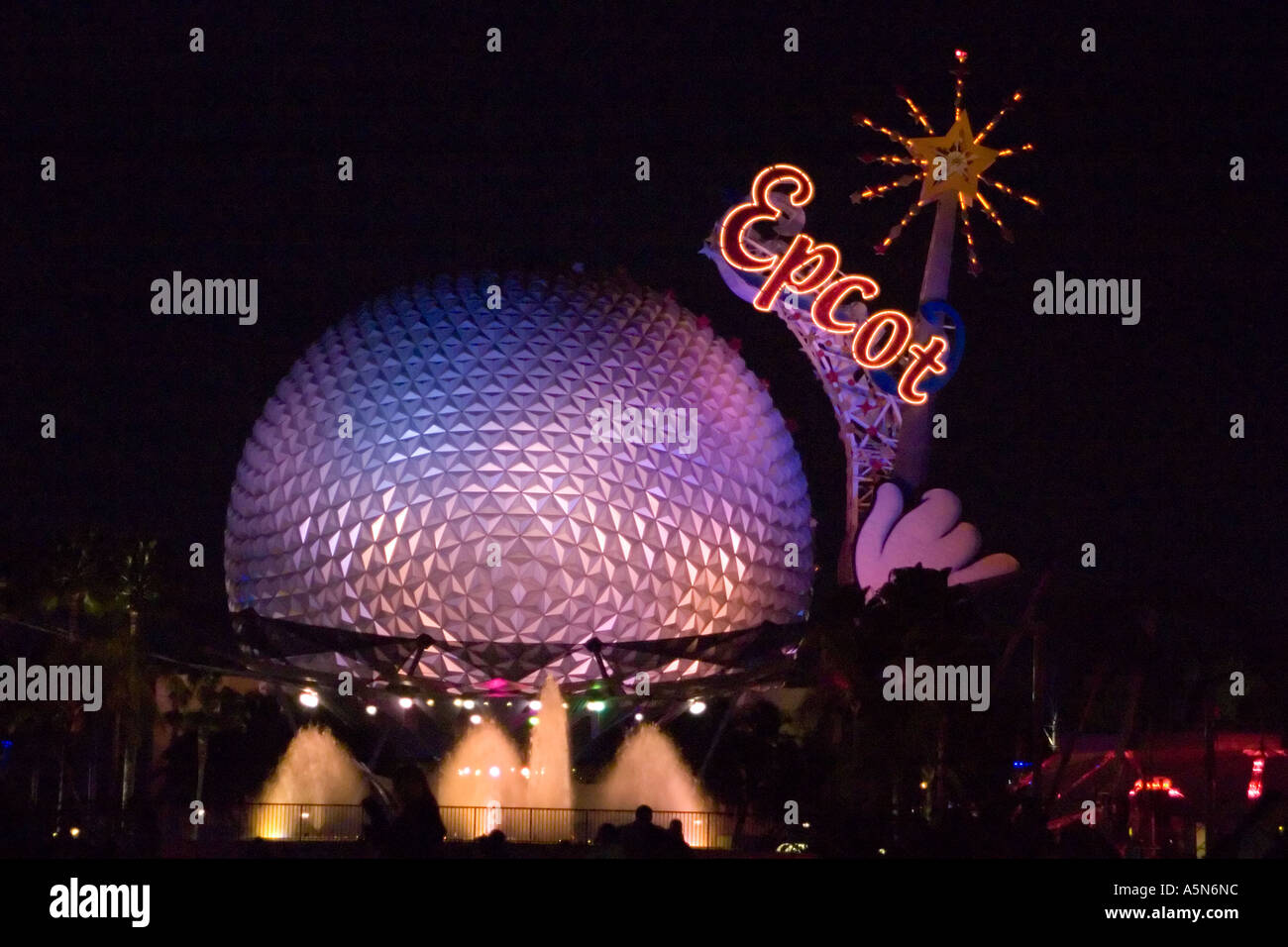 Spaceship Earth Sphere and hand of Mickey Mouse at entrance to Epcot ...